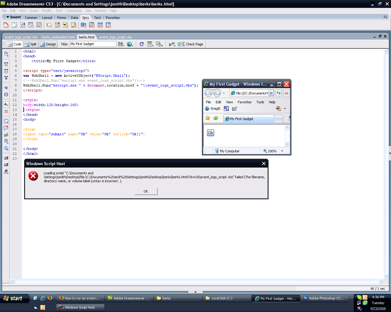 Solved: How to run an external vb script from a Sidebar Gadget using html or javascript ...