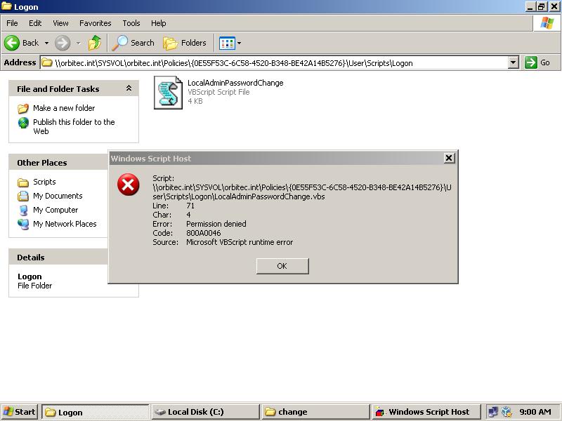 Solved: Logon script to change password failing "permission denied" | Experts Exchange