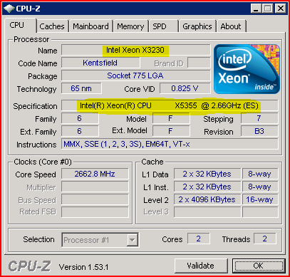 Solved: CPU-Z Intel Xeon X3230 shows up as X5355 in Specification ...