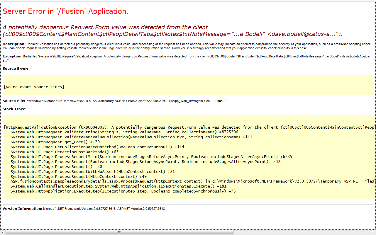 Solved Error Entering Text In Textbox A Potentially Dangerous Requestform Value Was Detected