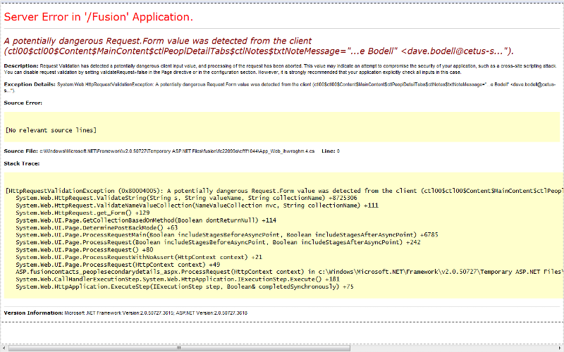 Solved: Error entering text in textbox: A potentially dangerous Request.Form value was detected ...