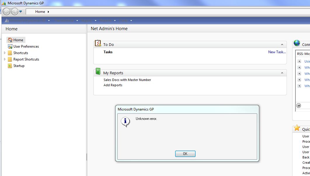 Solved: Dynamics GP Login Pops up with "Unknown Error" | Experts Exchange