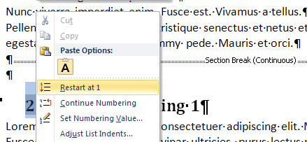 restarting heading numbering after each section break
