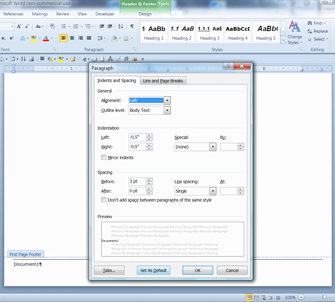 How do I change the horizontal margins of a footer in Word 2003 ...