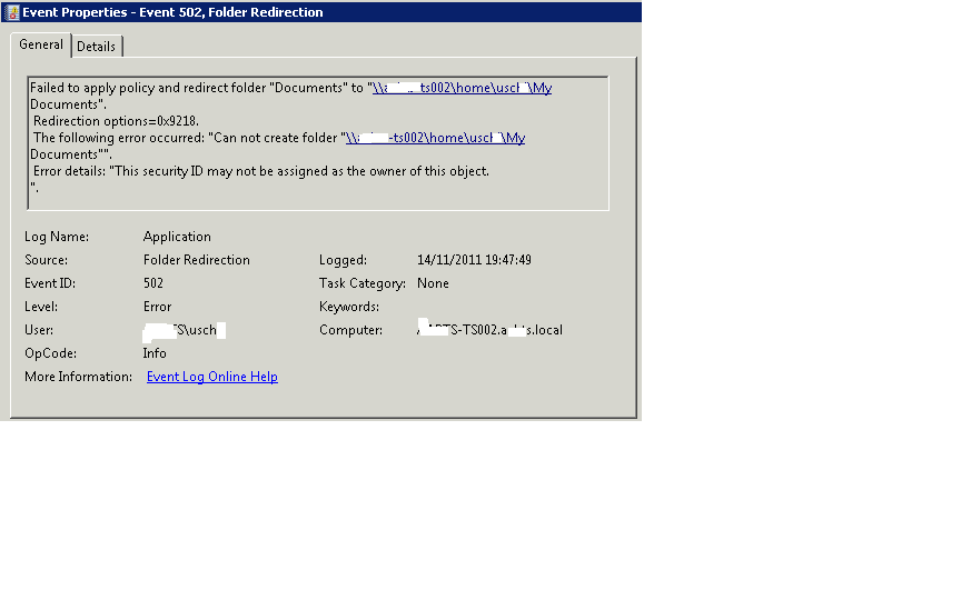Solved: folder redirection error event 502 | Experts Exchange