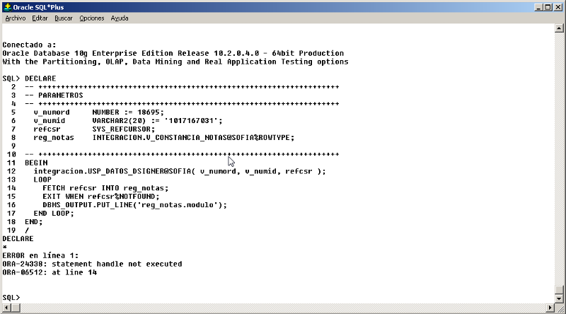 Solved: ORA-24338: statement handle not executed | Experts Exchange