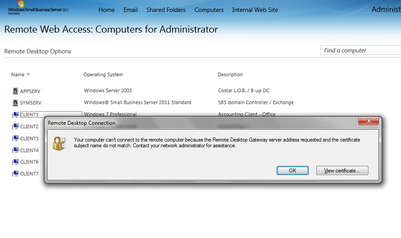 Solved: New SBS2011 server - SBS Remote Web Access page certificate errors | Experts Exchange