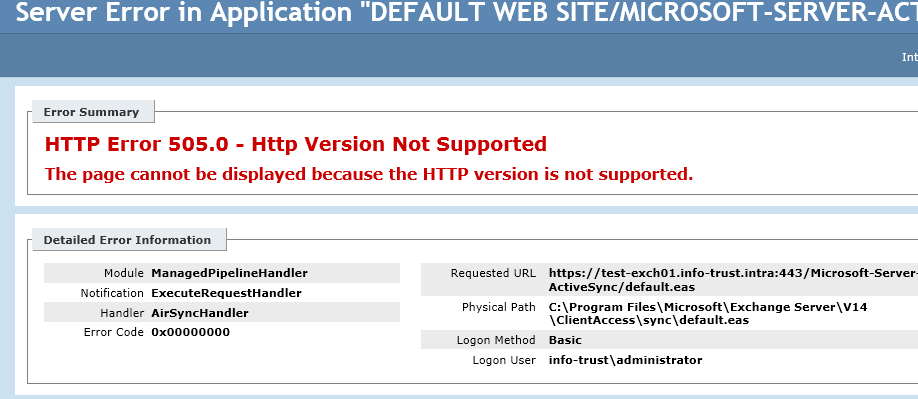 Solved: Active sync Authetication fails error code 505.0 | Experts Exchange
