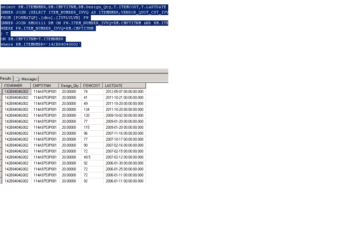 Solved: SQL Query to pull most recent cost | Experts Exchange