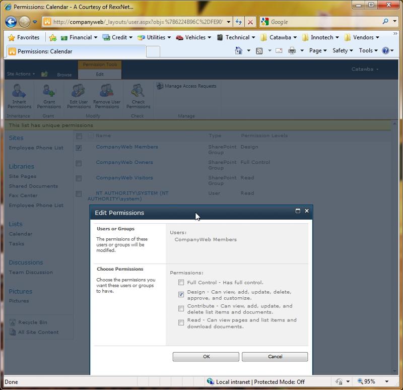 Solved: Companyweb Calendar Permissions | Experts Exchange