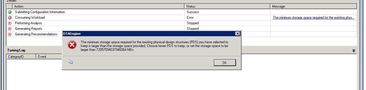 Solved Error When Running Sql Dta The Minimum Storage Space Require For The Existing Physical