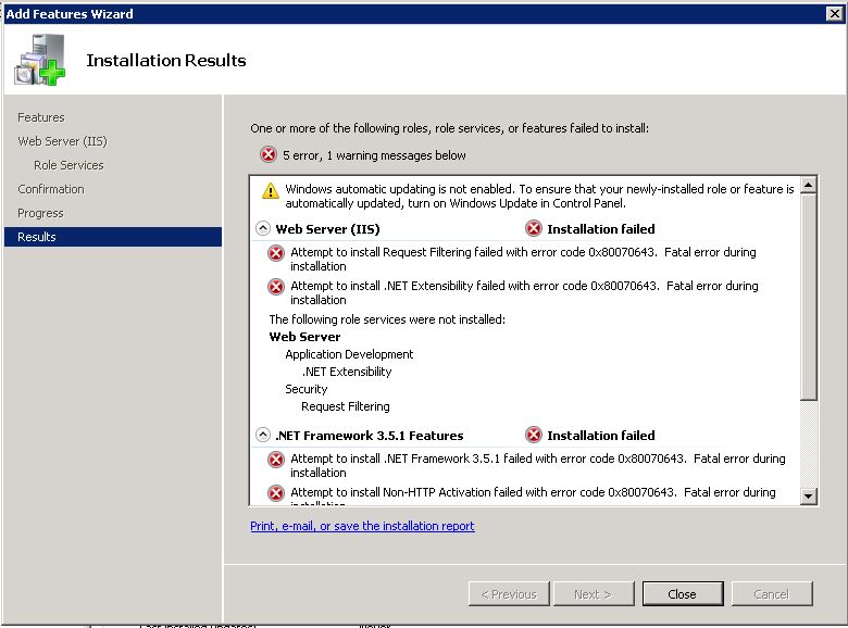 Solved: .net 3.5.1 Feature add Errors on Server 2008R2 (0x80070643 ...