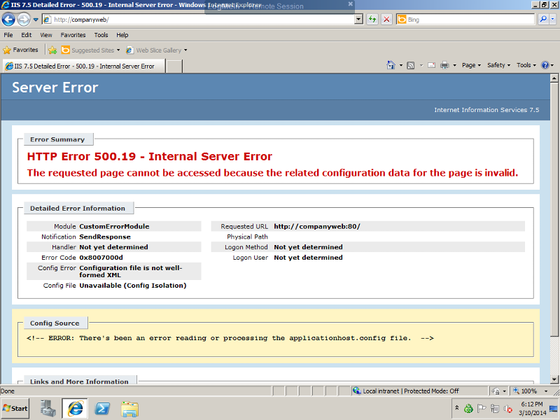 Solved: HTTP error 500.19 on OWA, RWW, Companyweb | Experts Exchange
