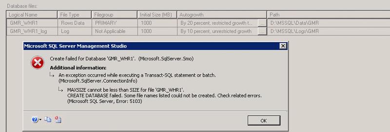 Solved: Create database error 5103 | Experts Exchange