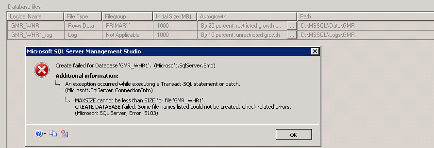 Solved: Create database error 5103 | Experts Exchange