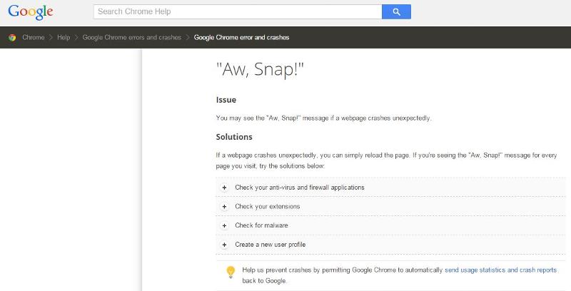 Solved: Google Chrome "Aw Snap" error | Experts Exchange