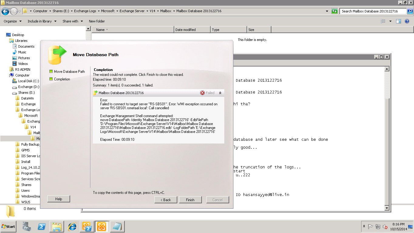 Solved: unable to move exchange mailbox database | Experts Exchange