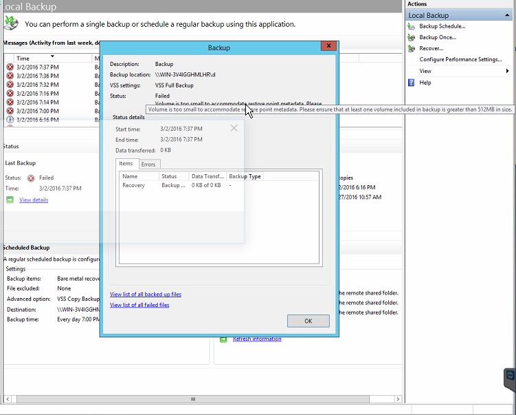 Solved: Windows Server Backup 2012 R2 failing | Experts Exchange