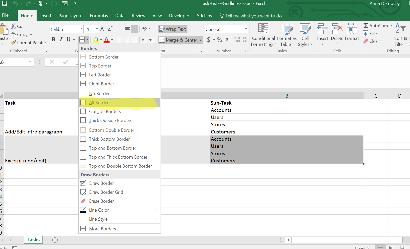 Solved: Excel 2016 - Missing Gridlines Between Cells w/Gray Background ...