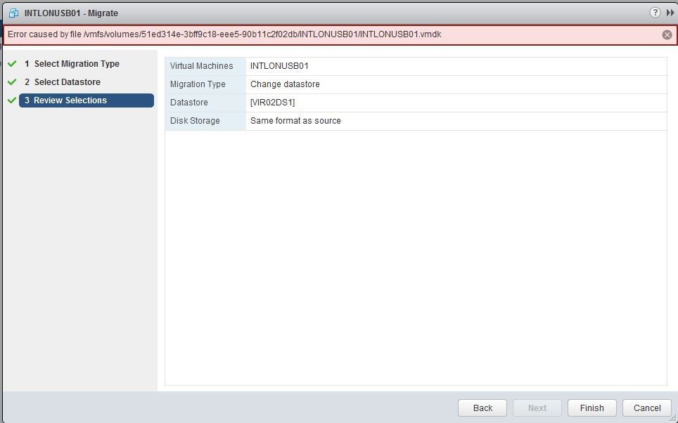 Solved Vmware Esxi 55 Unable To Migrate Vm From One Datastore To