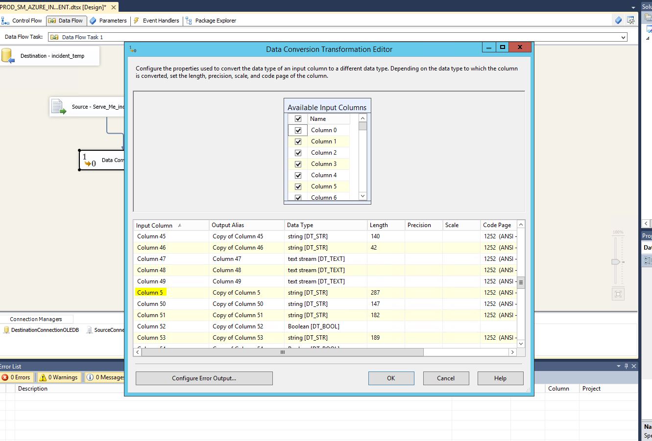 Solved: Error with SSIS package when updating SQL table | Experts Exchange