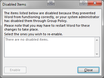 Solved: Word and Excel 2013 - Disabled Items List | Experts Exchange