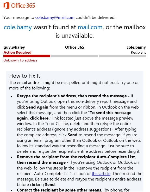 Solved: Users Getting UNDELIVERABLE email - "Your Message to cole.bamy ...