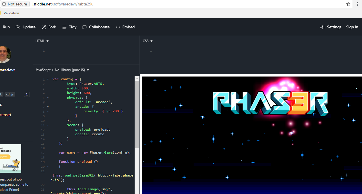 Solved: Running "Phaser" game framework on JSFiddle (Hello World ...