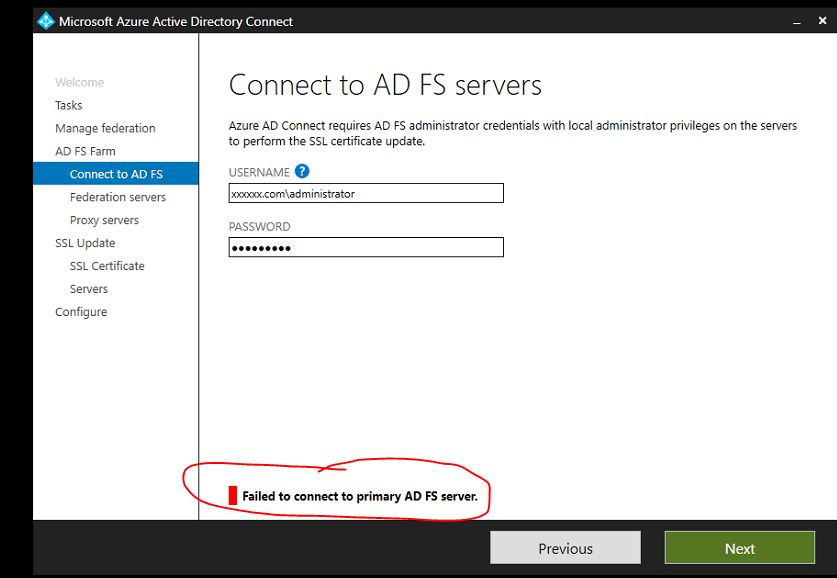 Solved Failed To Connect To Primary Ad Fs Server I Want To Create A New Primary Adfs