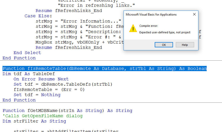Solved: Access VBA Error running code to relink tables | Experts Exchange