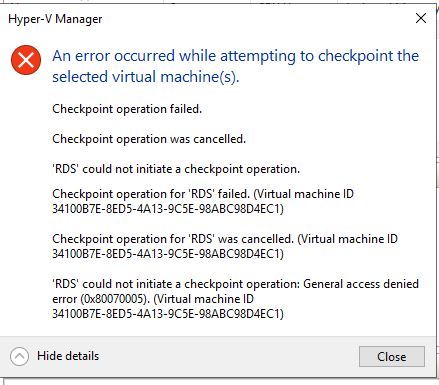 Solved: Cannot perform a manual snapshot of Hyper-V VM on Server 2019 | Experts Exchange