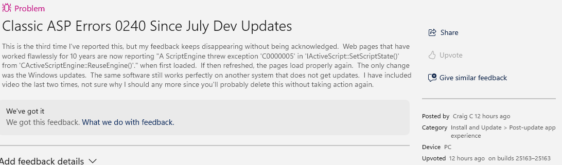 Solved: Exception 'C0000005' in 'IActiveScript::SetScriptState()' from 'CActiveScriptEngine ...