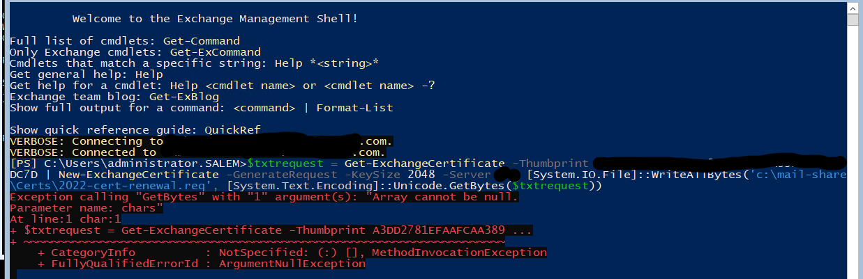 Solved: New and renew PowerShell Cert commands fail on Exchange Server 2019 CU12 | Experts Exchange