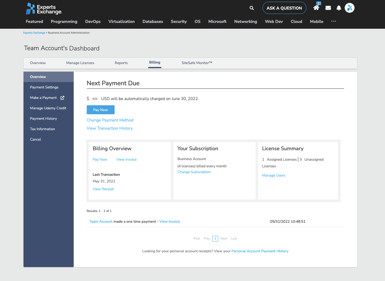 Team Accounts and Billing Guide | Experts Exchange