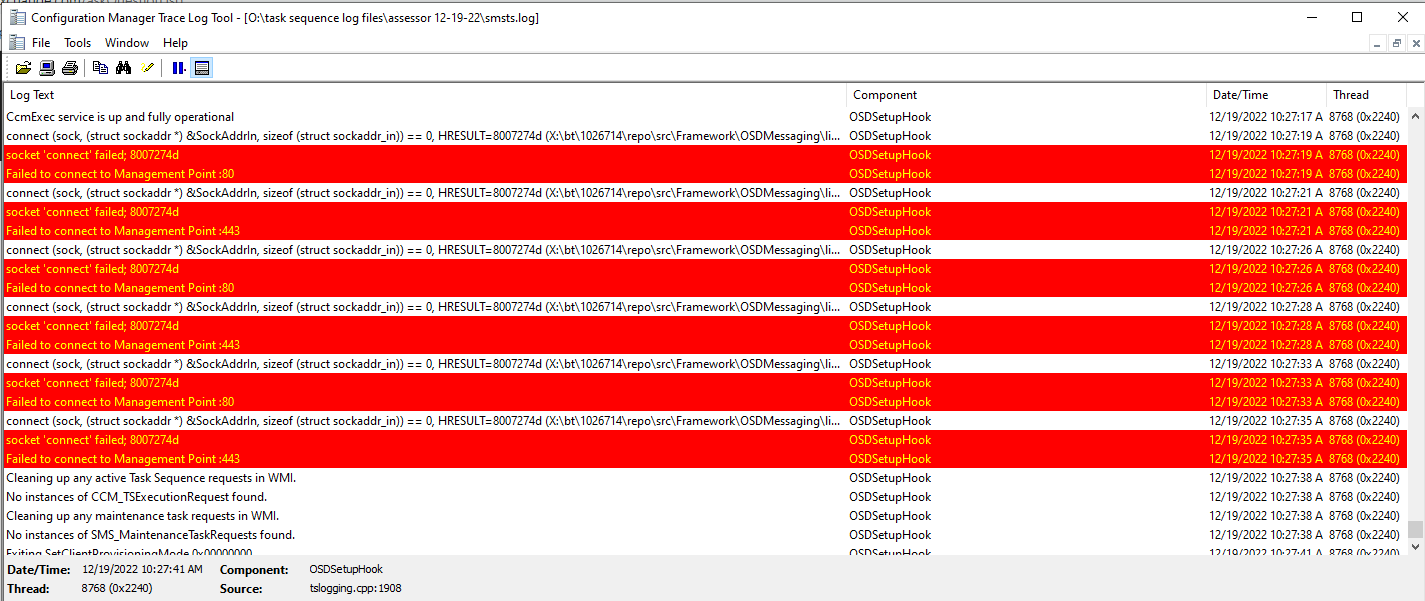 Solved: What is root cause of communication errors in smsts.log on the client during task ...