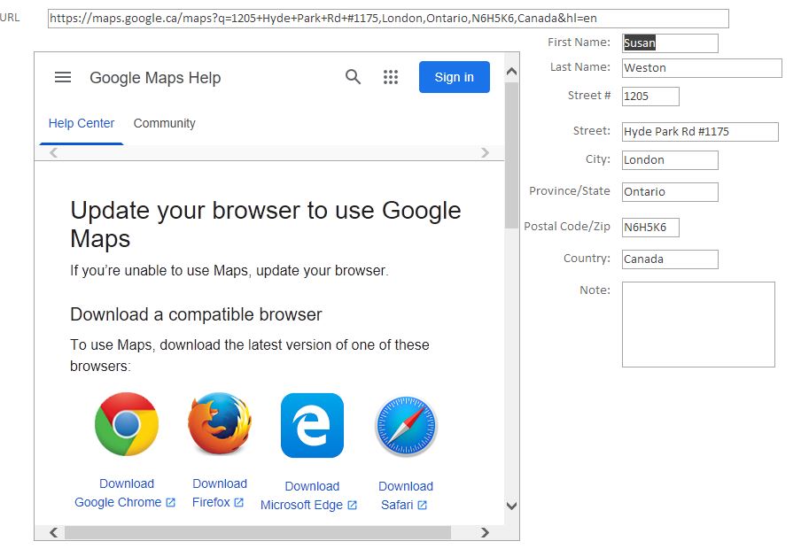 Solved: MS Access web browser with google map not working on a form | Experts Exchange