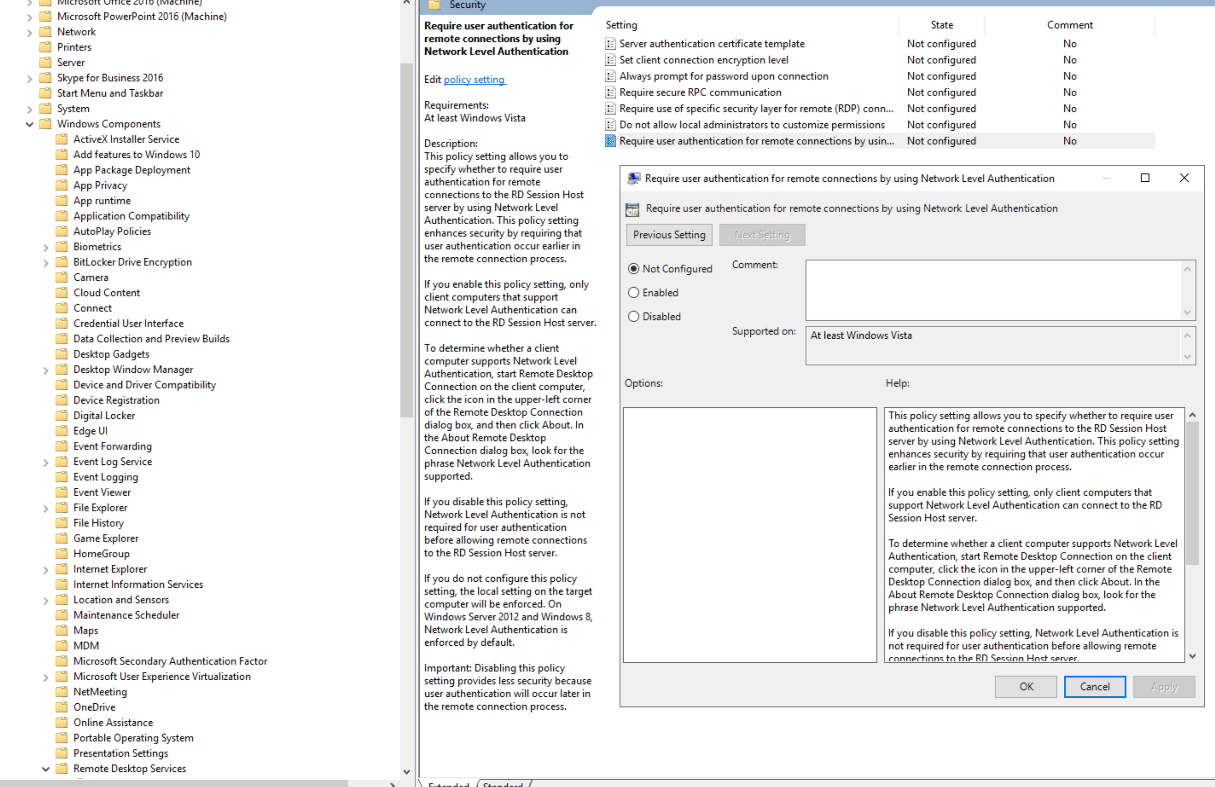 Steps to remotely disable the "Allow connections only from computers running Remote Desktop with ...