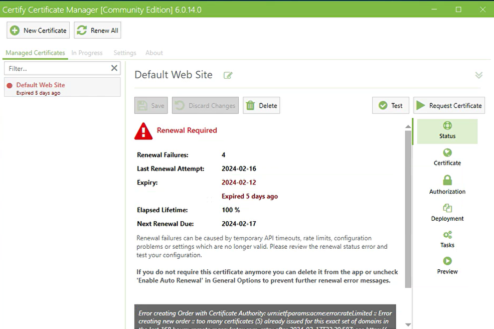 Solved: Certifytheweb fails to renew certificate | Experts Exchange