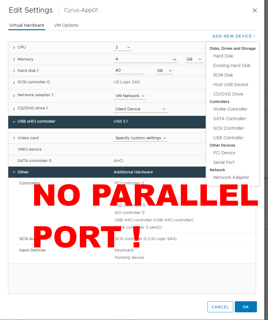 Solved: Legacy parallel port dongle on VMWare ESXi VM ? | Experts Exchange