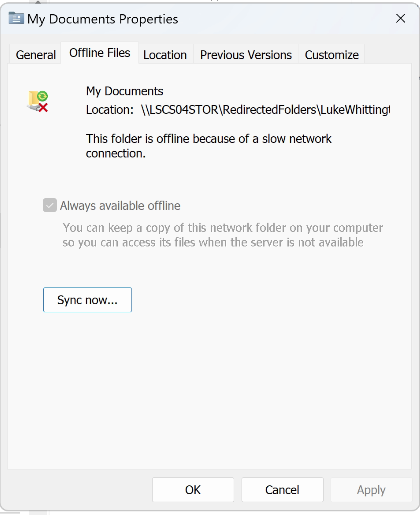 On Windows 11 an Offline files redirected folder ‘My Documents’ is saying "This folder is ...