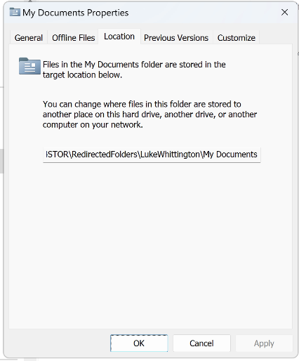 On Windows 11 an Offline files redirected folder ‘My Documents’ is saying "This folder is ...