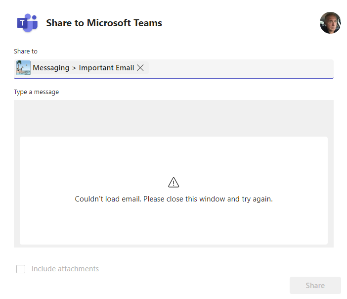 Getting “Couldn't load email. Please close this window and try again ...