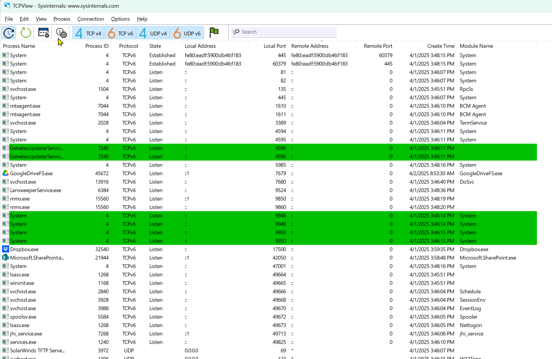 TCPview64 only shows TCP6 connections, but I need to see TCP4 ...