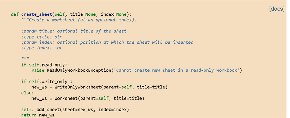 python: openpyxl: 'self' parameter in source code for create_sheet method | Experts Exchange