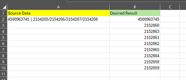 Solved: Excel Formula to Parse Data in a cell and show results the next column | Experts Exchange